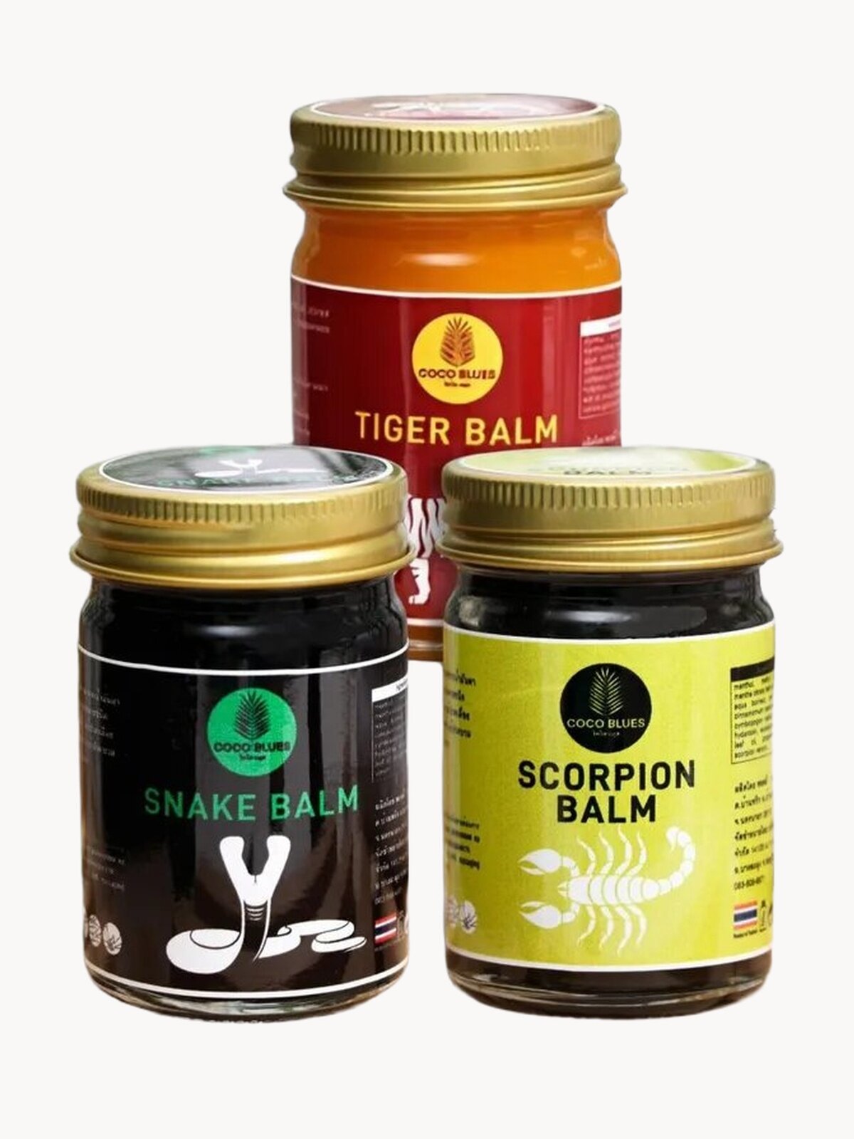 Набор тайских бальзамов Coco Blues для тела, 3 банки по 50 грамм, скорпион/тигр/змея