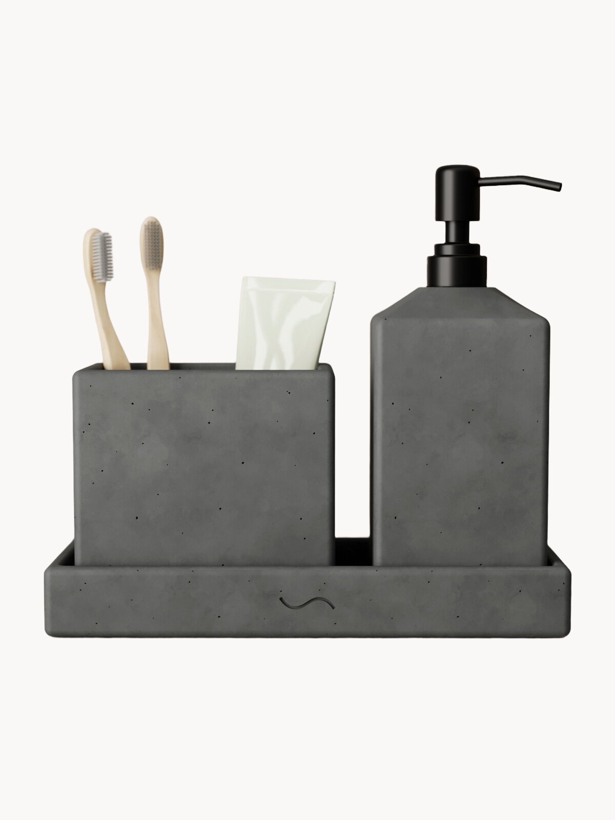 Набор для ванной Emily 11 (дозатор с черной помпой, стакан двойной, поднос S), бетон, графитовый матовый
