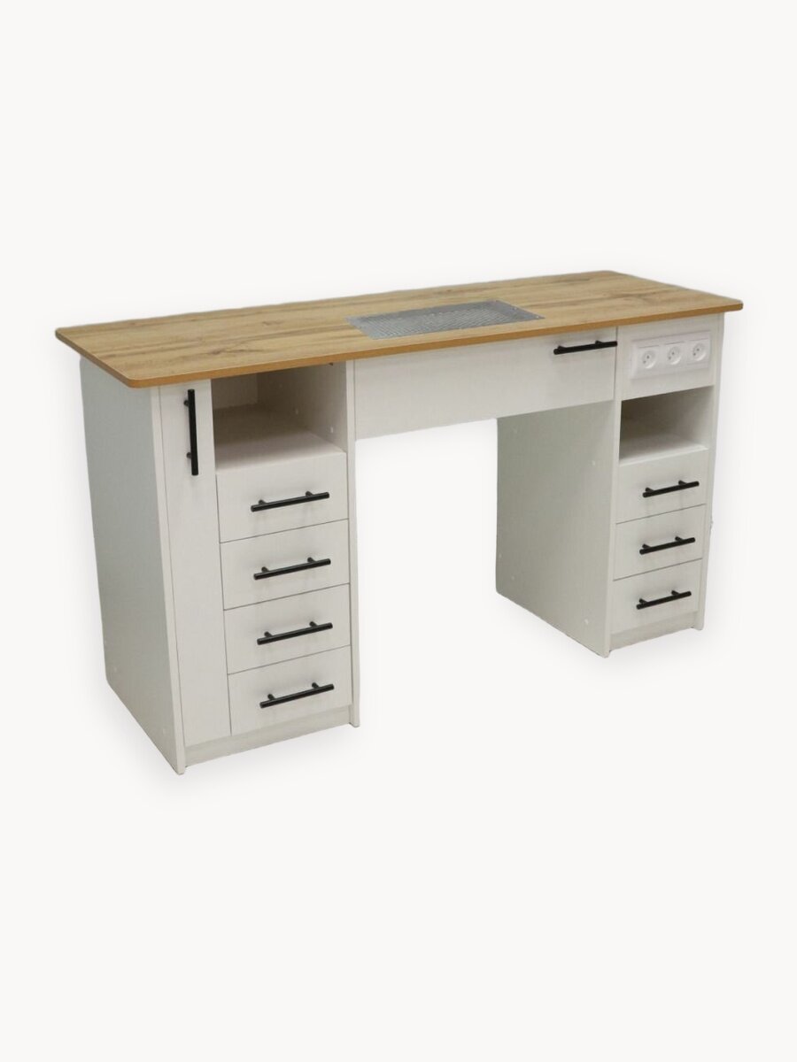 Стол маникюрный с ящиками, с вытяжкой, с розетками, цвет белый + столешница Вотан. Стол 1-16