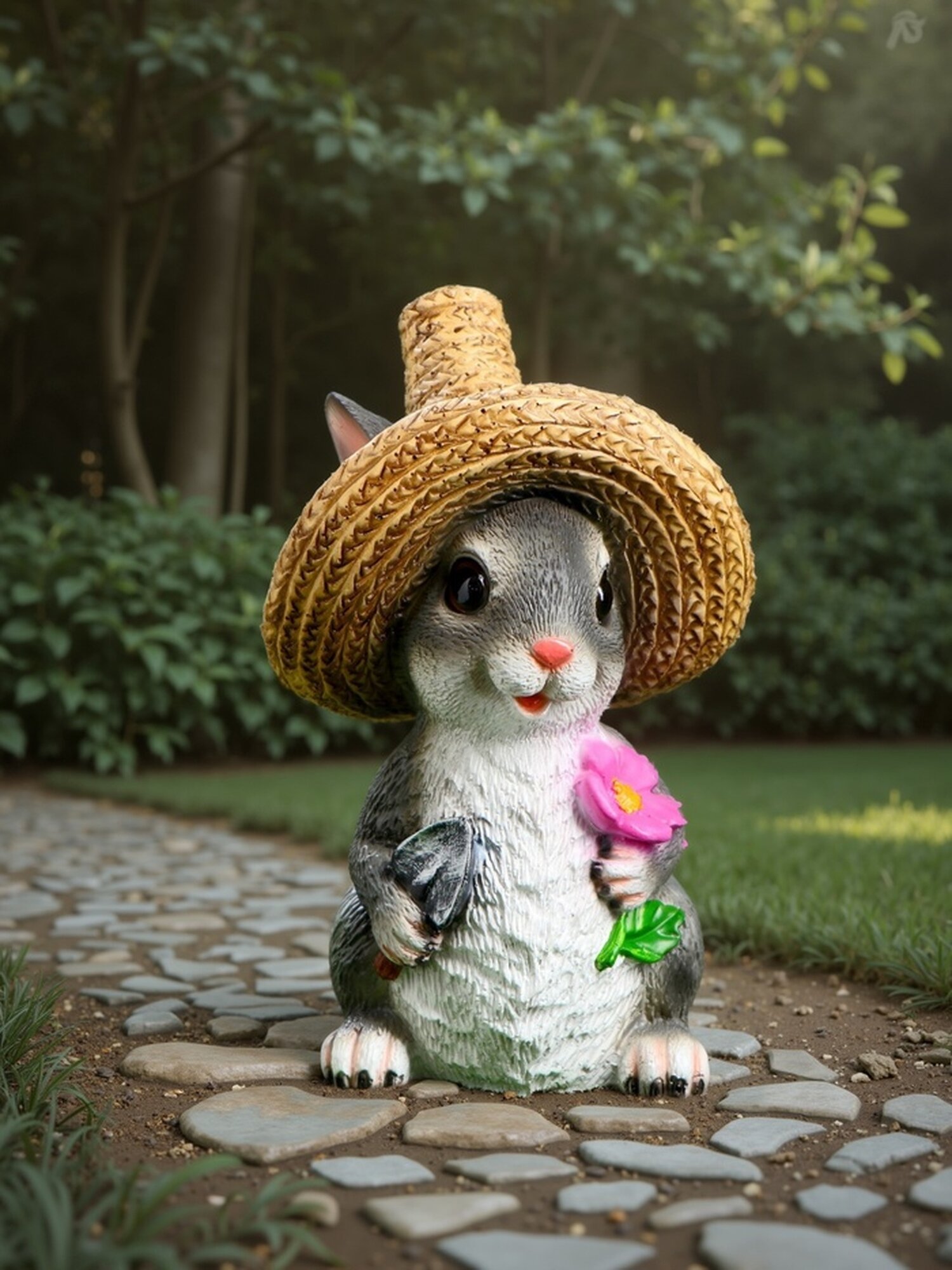 Садовая фигура "Зайка в соломенной шляпе с цветочком" 12х13х22см