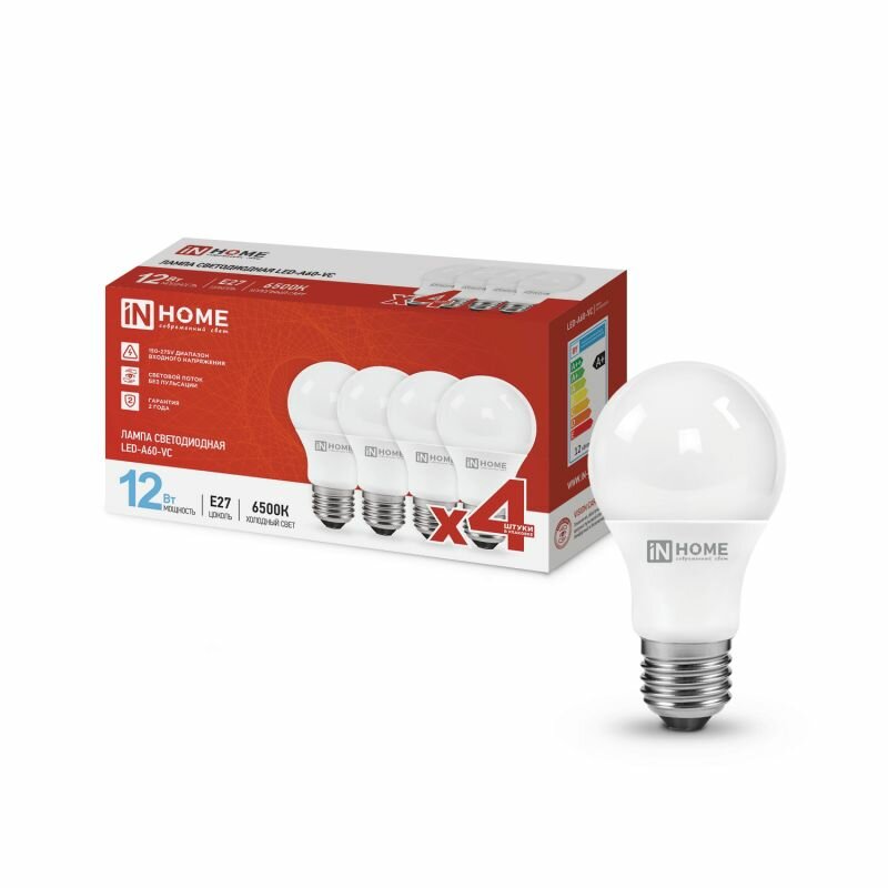 Лампа светодиодная LED-A60-VC 4PACK 12Вт 230В Е27 6500К 1140Лм (4шт./упак) IN HOME 4690612047676