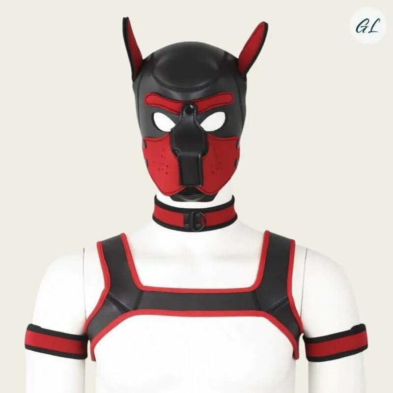 БДСМ/косплей комплект из 4 предметов: маска для головы взрослой собаки (кожаная) + нагрудный ремень + повязка на руку + рукав на шею