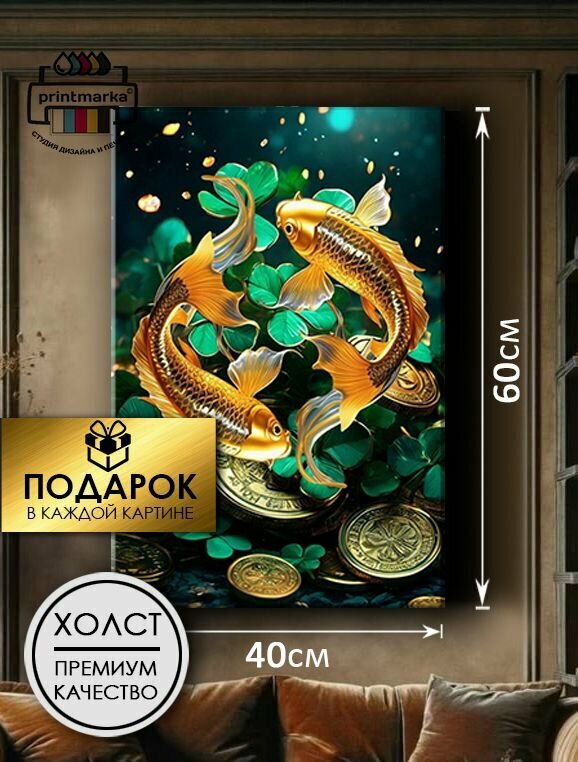 Картина "Золотые карпы (рыбы)", холст, на подрамнике, 40 см x 60 см