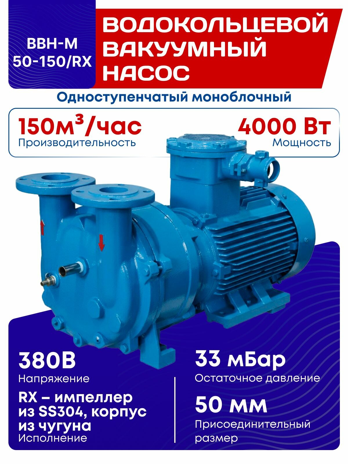 Одноступенчатый моноблочный водокольцевой вакуумный насос BBH-M 50-150/RX с двигателем 4 кВт