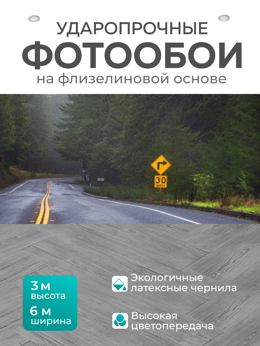 Фотообои моющиеся ударопрочные "Лесное шоссе проложили шоссе через лес со знаком скорости шоссе дорога извилистая дорога лес леса дерево деревья." 600x300 см. флизелиновые на стену