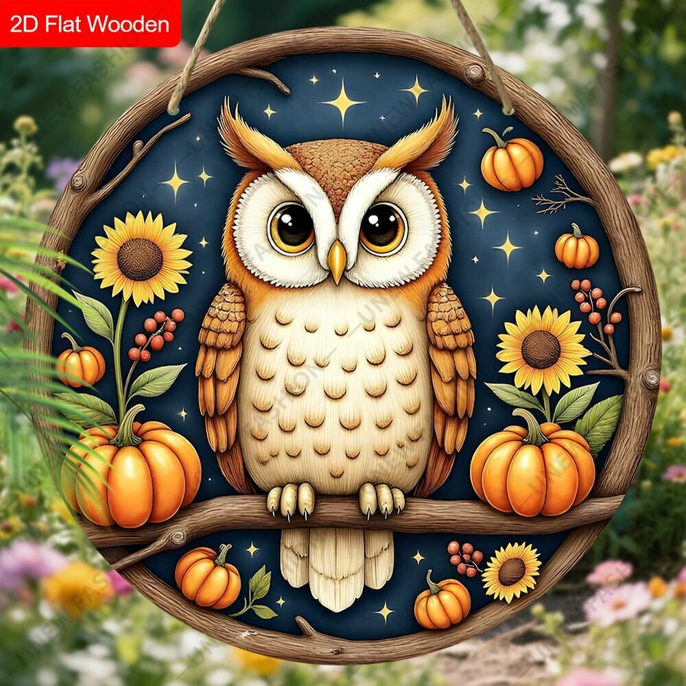 Деревянные декоративные таблички, подвесные украшения на стены и двери, украшения из серии "животные", Узор - тыква, подсолнух и сова, Плоские 2D-изделия