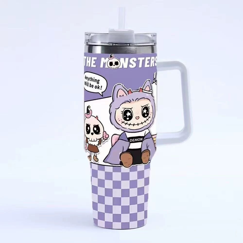 Термокружка Labubu 40 унций с мультяшным рисунком, из нержавеющей стали 304, с соломинкой, для автомобиля Узор 240 унций