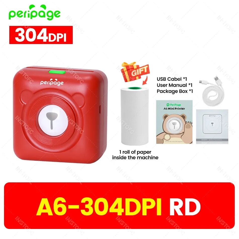 Портативный термопринтер PeriPage A6 304DPI белый фиолетовый Красный, A6 304 Red