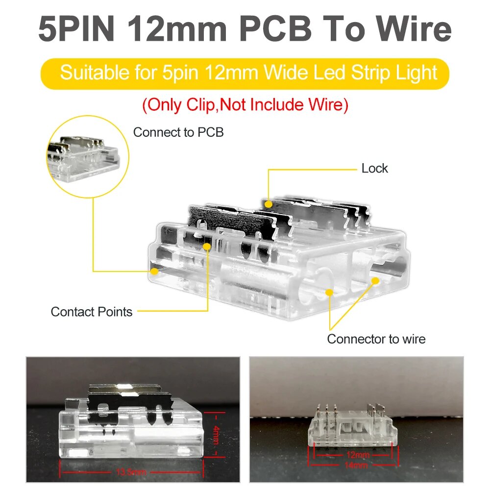 Разъем для светодиодной ленты 5pin 12mm PCB to Wire, 50шт