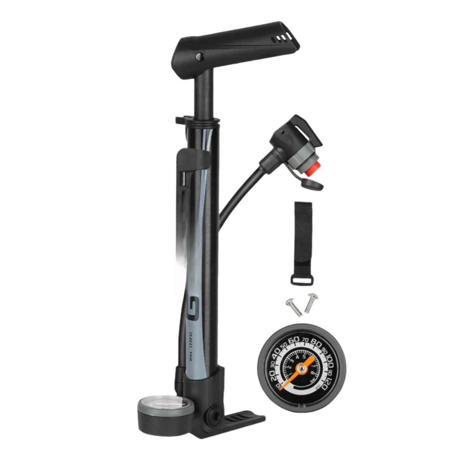 GIYO Портативный насос для велосипедов MTB и дорожных 120PSI высокого давления с манометром для шайб Schrader и Presta, черный/серебристый, алюминиевый сплав, размер 330*110мм, вес 116г, 1шт