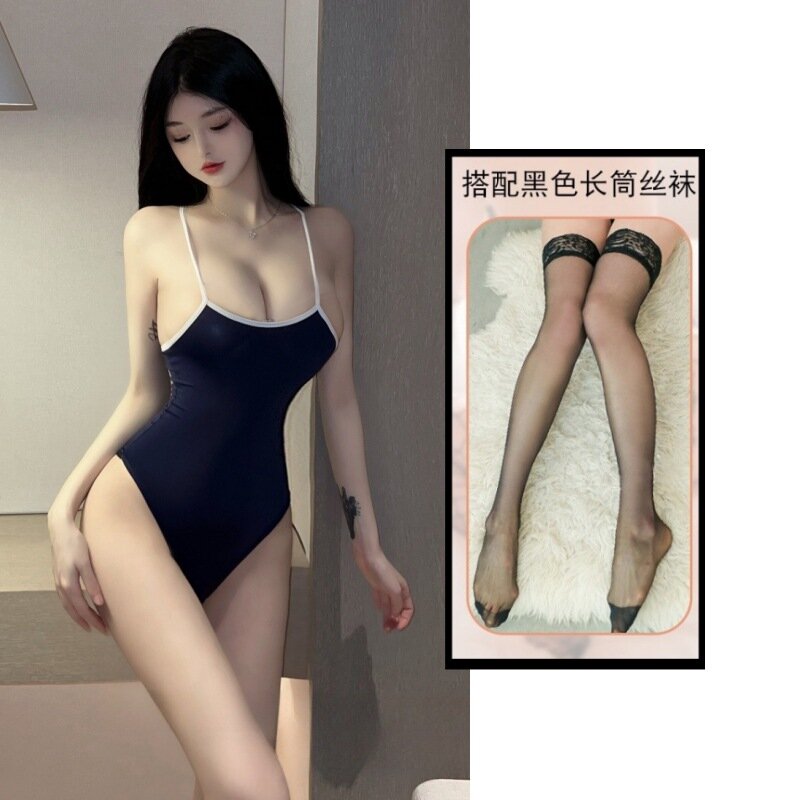 Сексуальное нижнее белье, боди, купальник, школьный купальник, сексуальный тонкий прозрачный боди из молочного шелка с подвязками. Цельный боди + черные чулки.