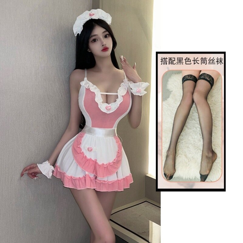 Сексуальное нижнее белье горничной, униформа горничной с маленькой грудью, соблазнительный комплект для спальни с открытой промежностью. Костюм горничной + черные чулки.