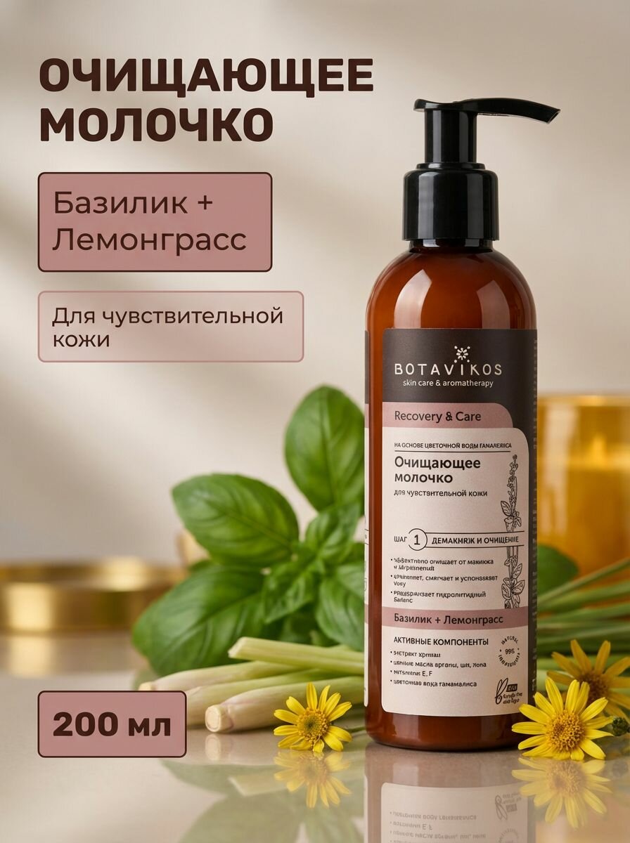 Молочко очищающее деликатное для чувствительной кожи лица Базилик + Лемонграсс Recovery & Care увлажняет и успокаивает, 200 мл