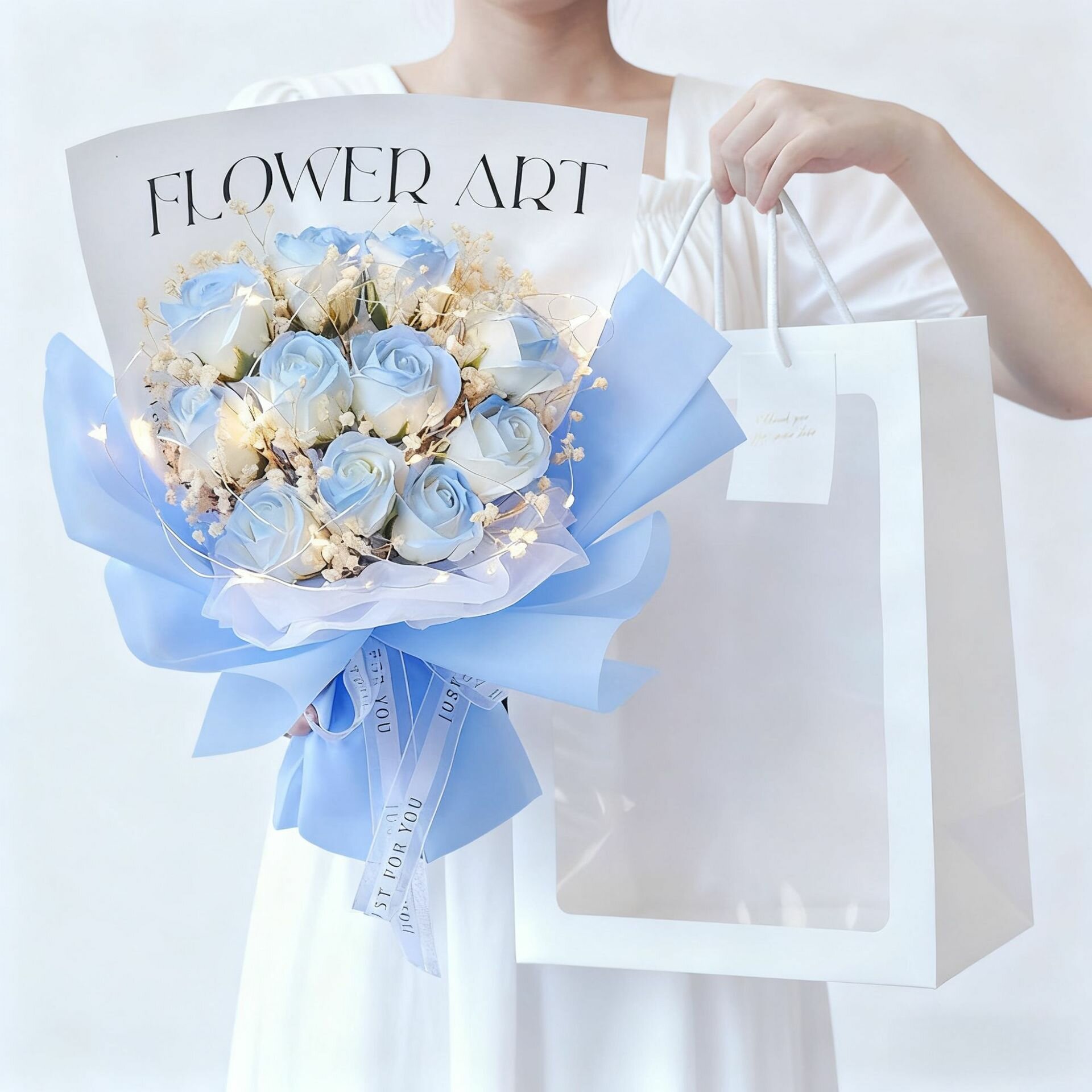Дробленый лед, голубая роза, вечный цветок, гипсофила, сухой букет, подарок на Qixi, Рождество, День святого Валентина, день рождения для девушки
