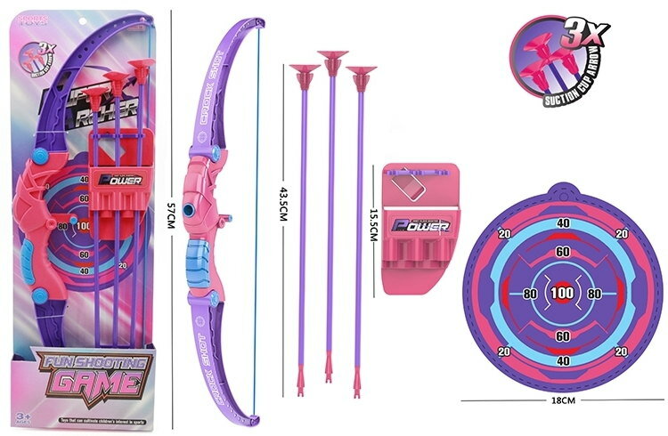 Лук со стрелами на присосках (3 шт) в кивере и мишенью, розовый 98704B-2 с 3 лет