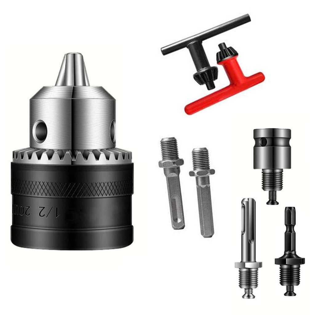 Комплект из 8 адаптеров для сверлильных патронов Универсальная совместимость для различных моделей дрелей Быстрая установка без использования инструментов Металлическая конструкция Портативный футляр для хранения В комплекте