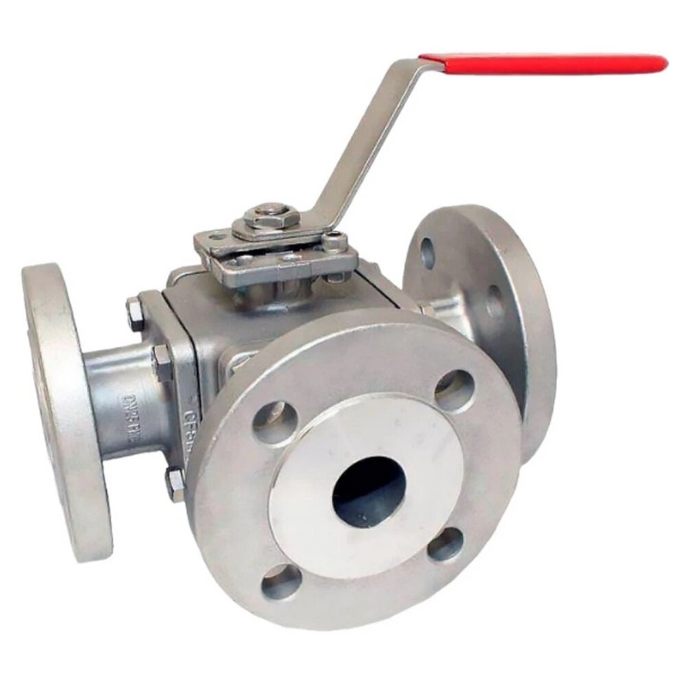 Кран шаровой DN.ru 316-316-PTFE Ду20 Ру16 полнопроходной, трехходовой T тип, фланцевый, корпус - нержавеющая сталь SS316, ISO-фланец F04/F05 квадрат 11х11, с рукояткой