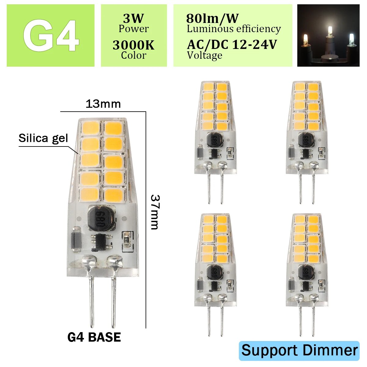 5 шт. LED ламп G4 3W, 12-24V, 6000K, диммируемые