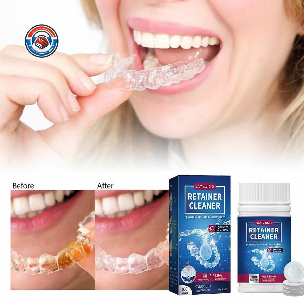 Таблетки для чистки зубных протезов и элайнеров, 100 шт, устраняют запах за 3 минуты, подходят для ночных кап и ретейнеров, ежедневное использование, компактная упаковка