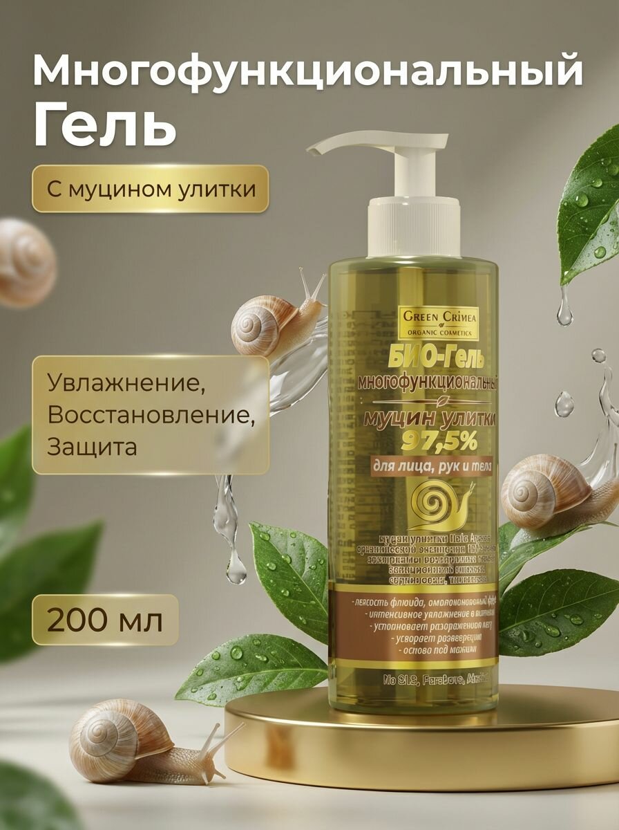 Многофункциональный гель с муцином улитки для лица, рук и тела с гиалуроновой кислотой и пантенолом, 200 мл