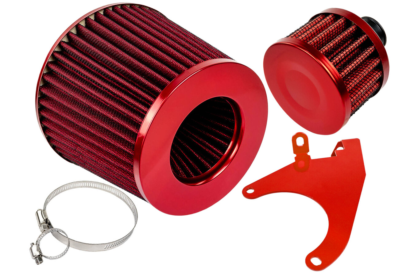 Красные фильтры нулев. MR (воздушный, картерный) + красный кронштейн Sal-Man на 8кл ВАЗ 2108-15, Гранта, Калина, Приора