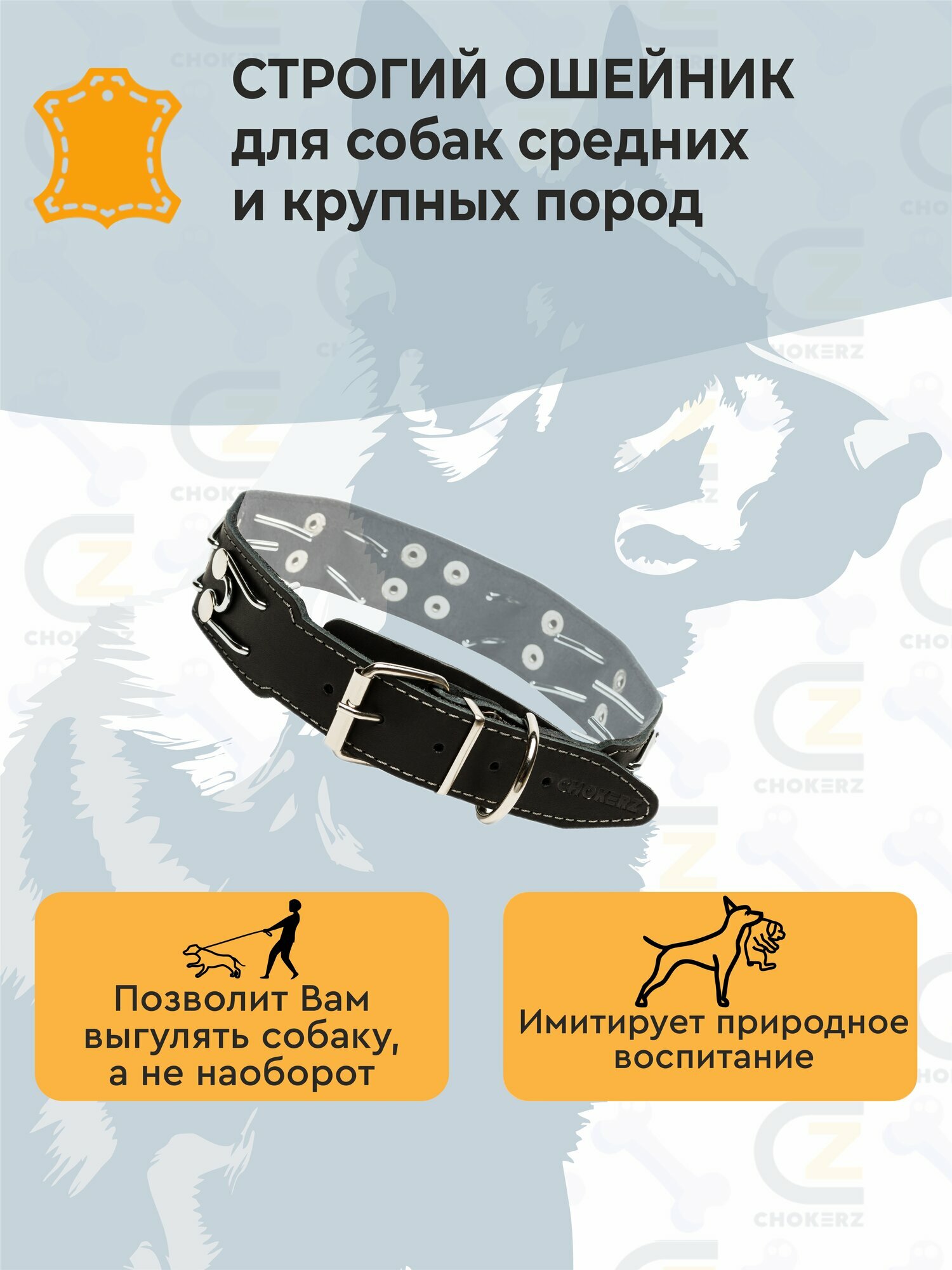 Кожаный строгий ошейник парфорс CHOKERZ премиум хромированный 45 мм 65 см