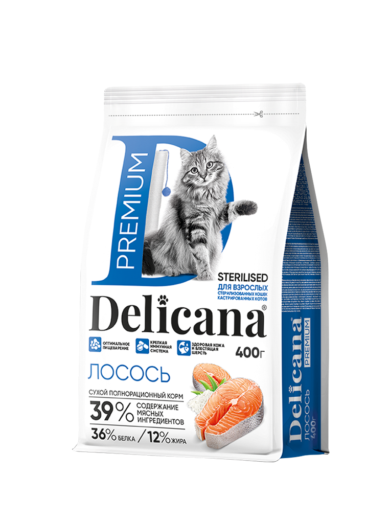 DELICANA Сухой корм для стерилизованных кошек Лосось , 400г.