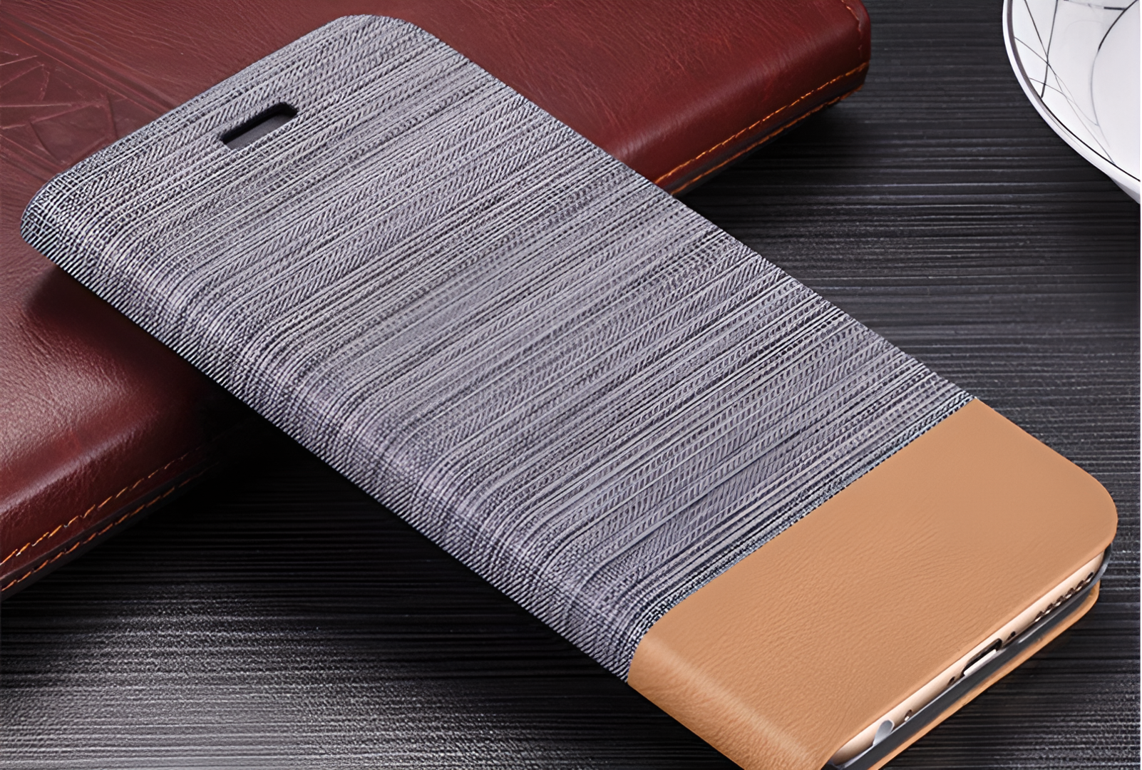 Чехол-книжка для Samsung Galaxy A01 SM-A015F (2020) из водоотталкивающей ткани под джинсу с вставкой под кожу серый