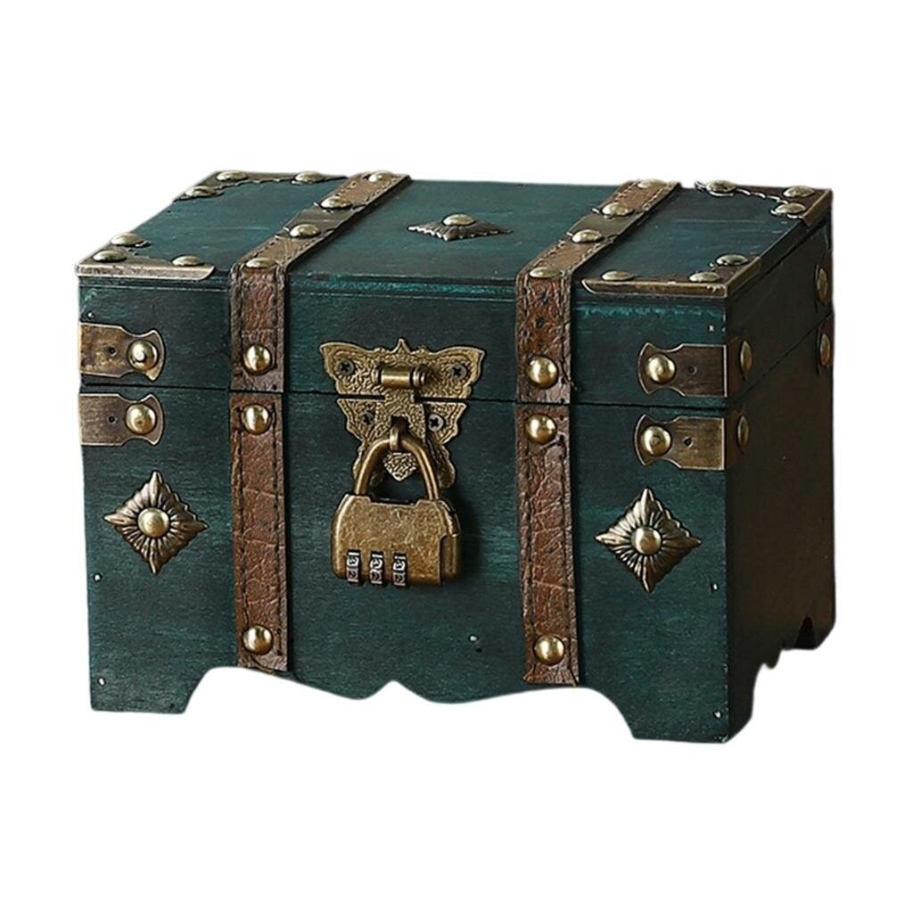 Деревянный дорожный сундук в антикварном стиле, Зеленый - Стиль C