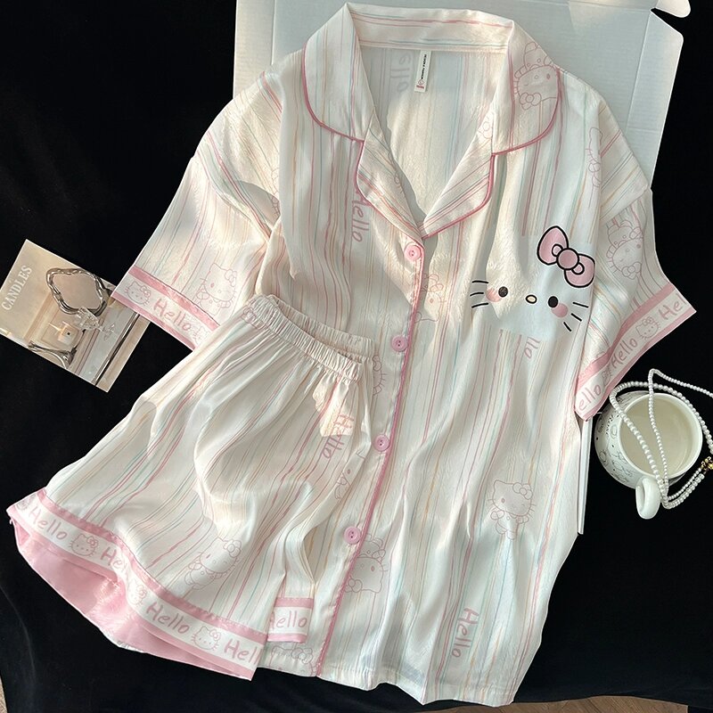 Пижама Hello Kitty Ice Silk с короткими рукавами, женская летняя тонкая повседневная одежда, милая летняя домашняя одежда для девочек