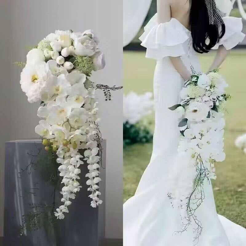 Горячая продажа ручного цветочного букета с эффектом водопада для невесты, свадебной фотографии, искусственные цветы, зеленые и белые искусственные цветы, декор для домашнего стола от фабрики
