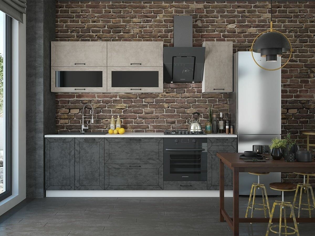 Кухонный гарнитур 1,6м (к.2) Монако камень светлый/камень темный, белый, МИФ