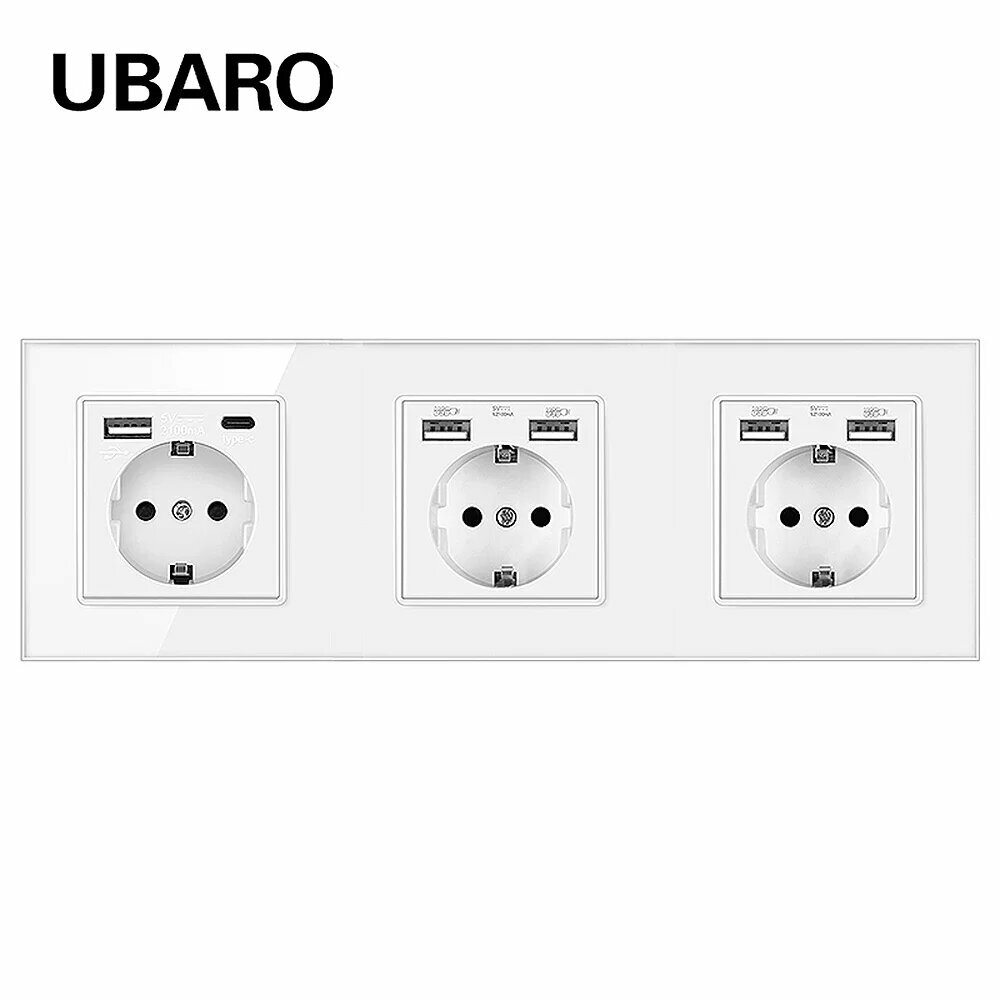 UBARO Розетка настенная DS-258-UC3-W с USB, хрустальное стекло