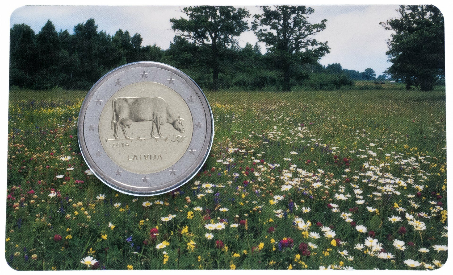 Латвия 2 евро 2016 "Корова" на монетной карточке блистере, Биметалл, в сохранности UNC