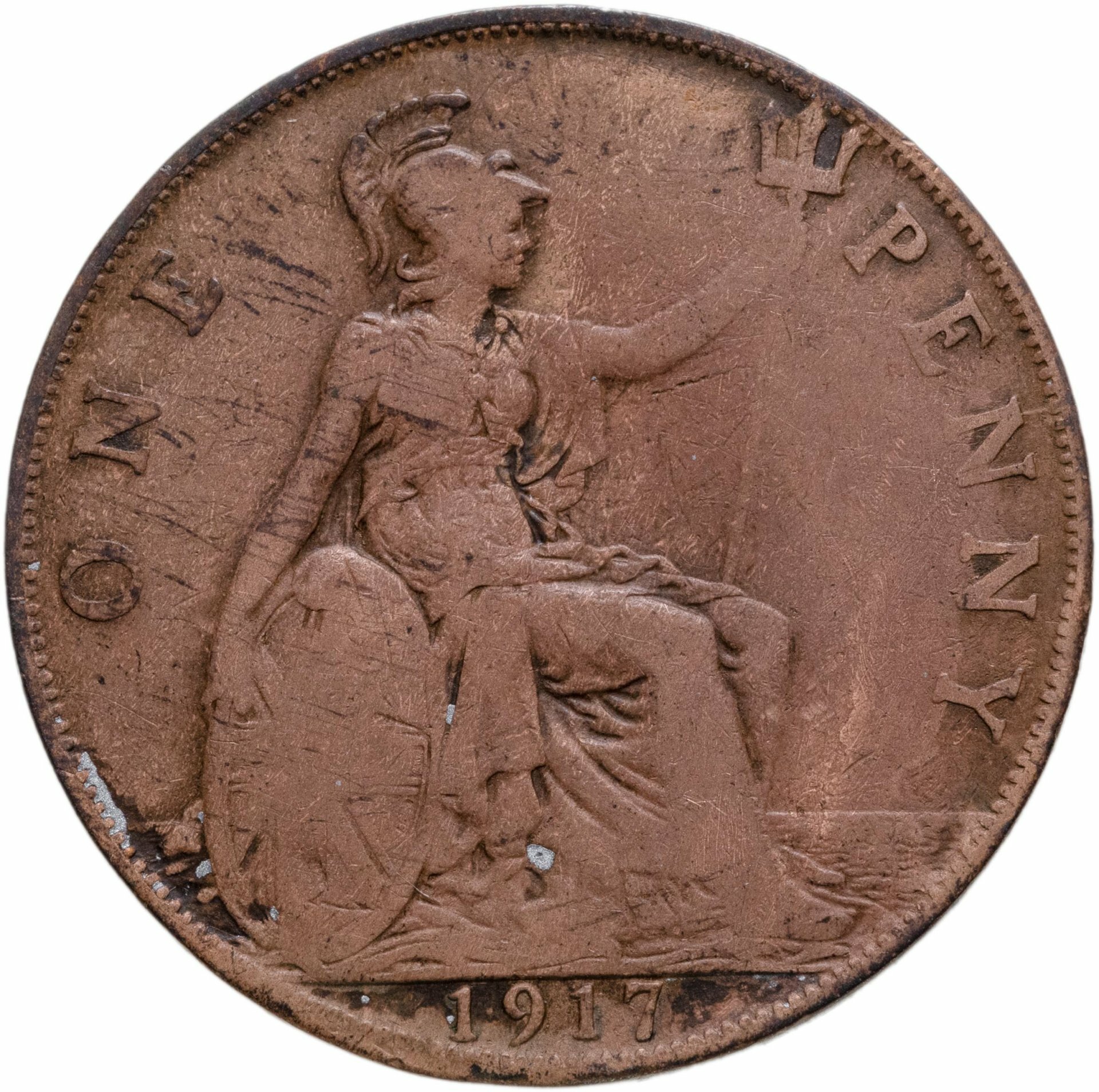 Великобритания 1 пенни 1917, Бронза, в сохранности F