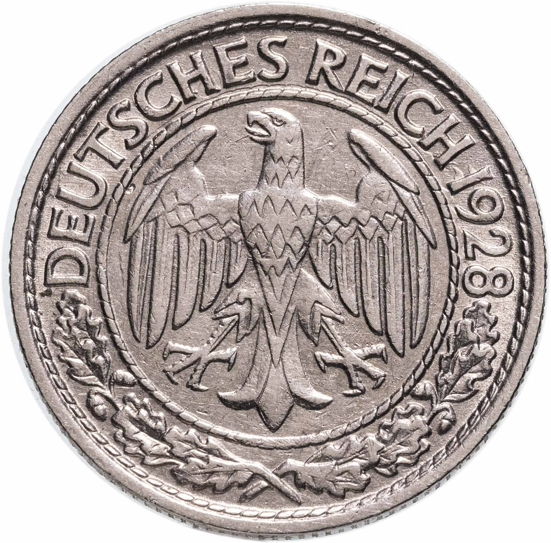 Германия 50 рейхспфеннигов reichspfennig 1928, знак монетного двора "F" — Штутгарт, Никель, в сохранности XF-AU