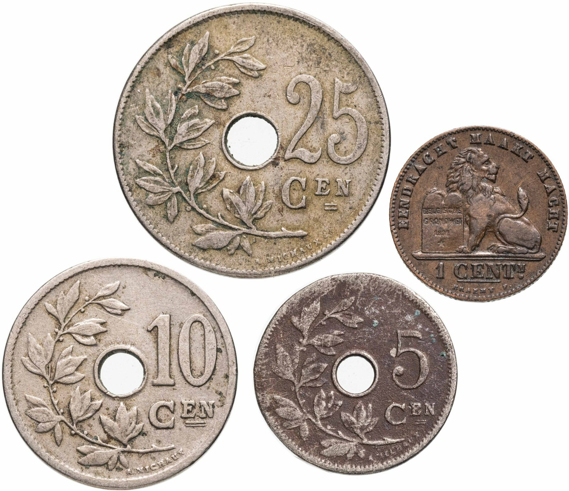 Бельгия набор монет 1902-1908 4 шт Леопольд второй, Медь, Мельхиор, в сохранности VF-XF