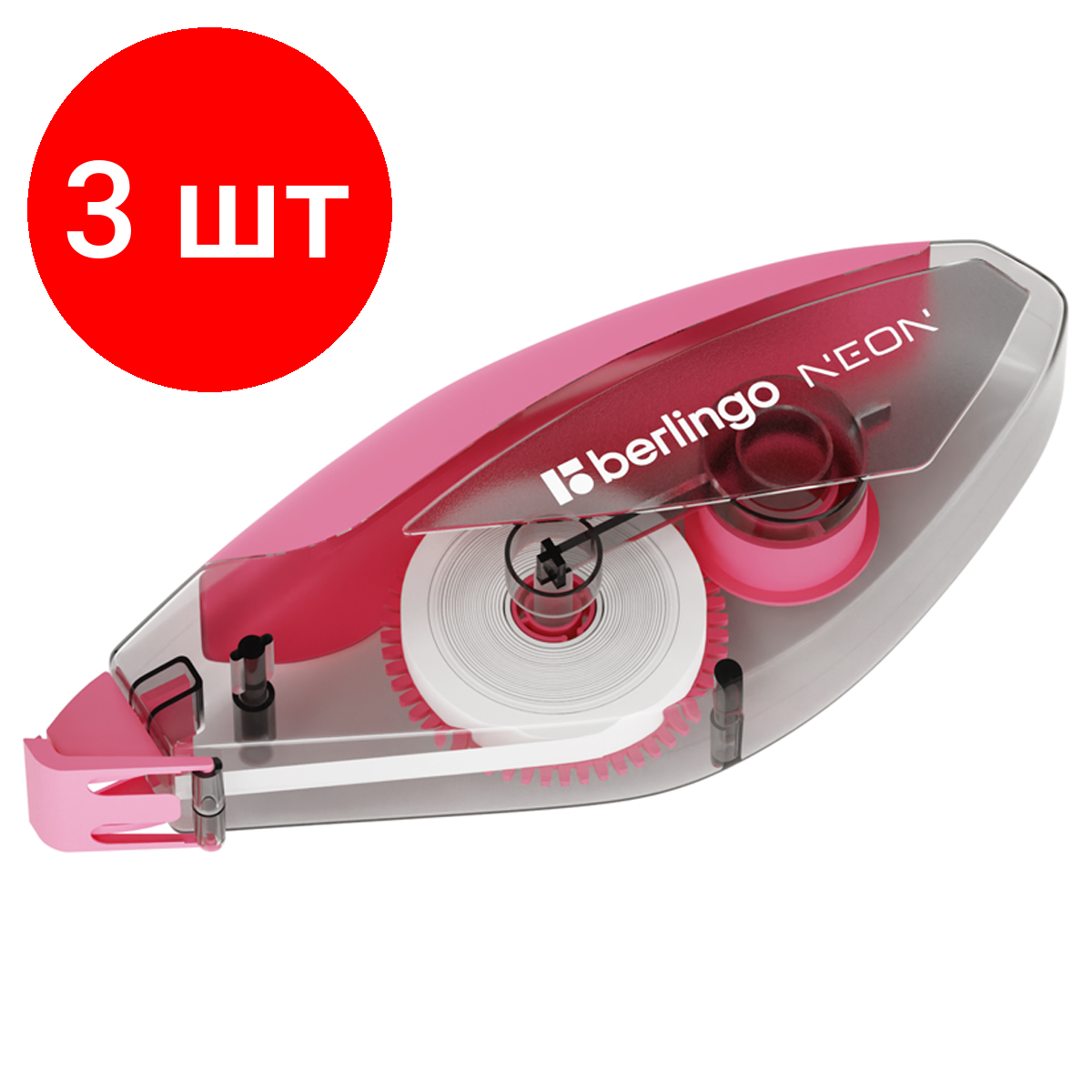 Комплект 3 шт, Корректирующая лента Berlingo "Neon" 5мм*10м, розовый, PET бокс, европодвес