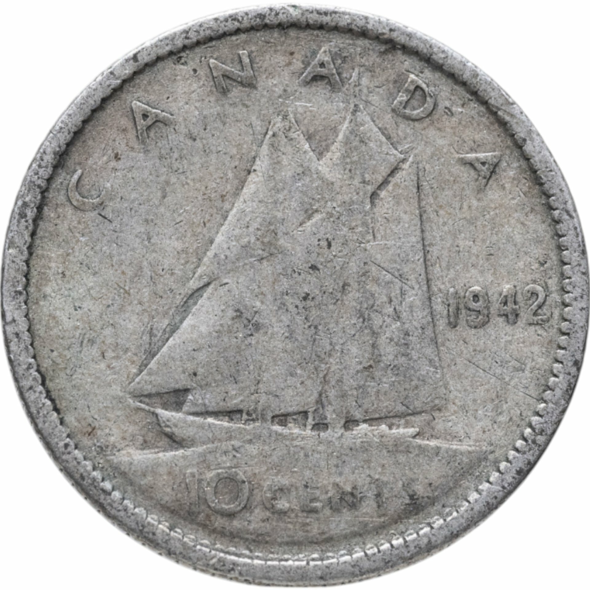 Канада 10 центов cents 1942, Серебро 800, в сохранности VF