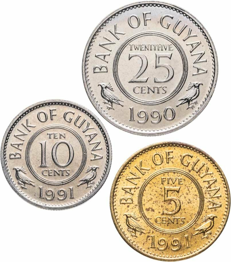 Гайана набор монет 1990-1991 3 штуки, Никелевая латунь, Мельхиор, в сохранности XF-UNC