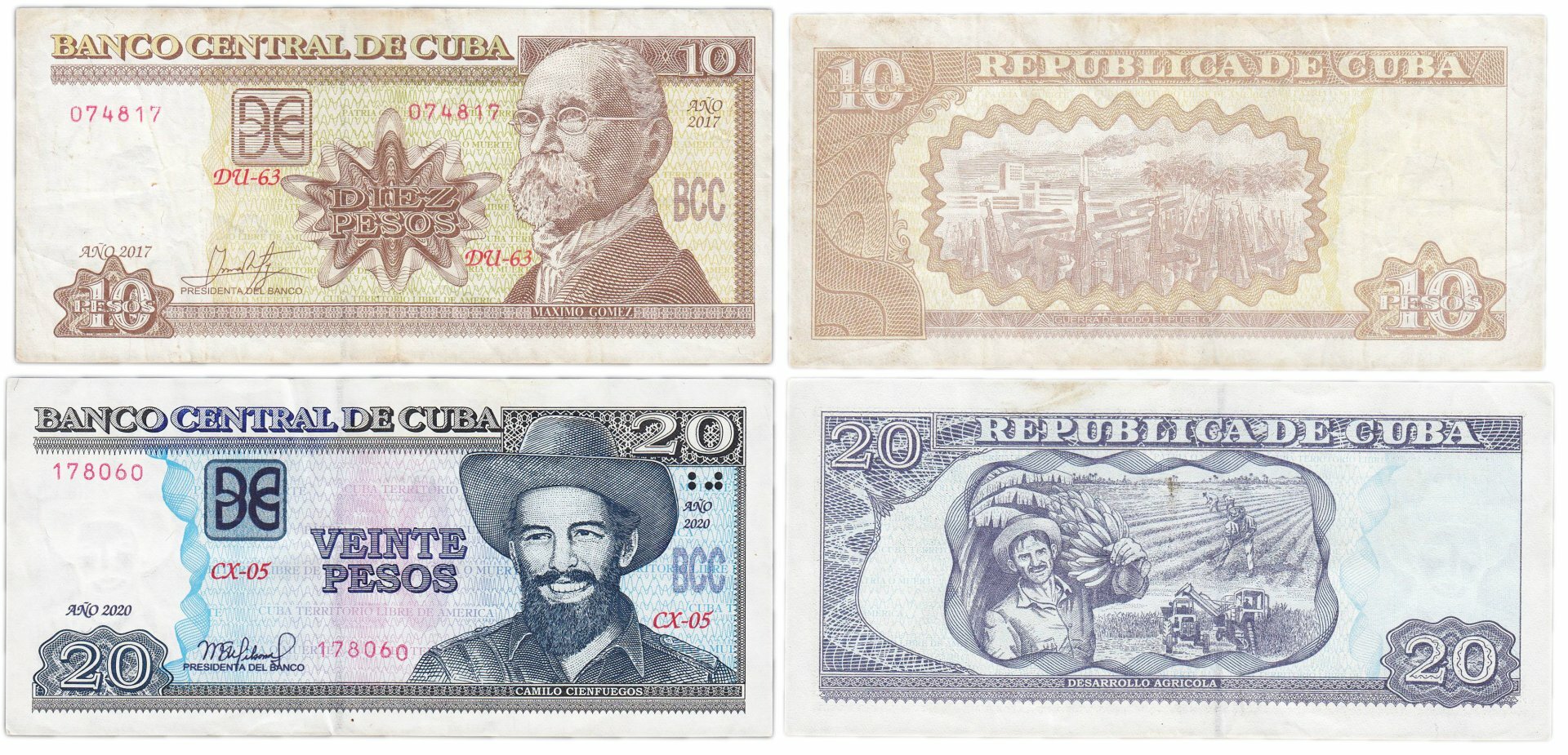 Куба набор из 2 банкнот 10 и 20 песо "Народная война и Сбор бананов" 2017-2020