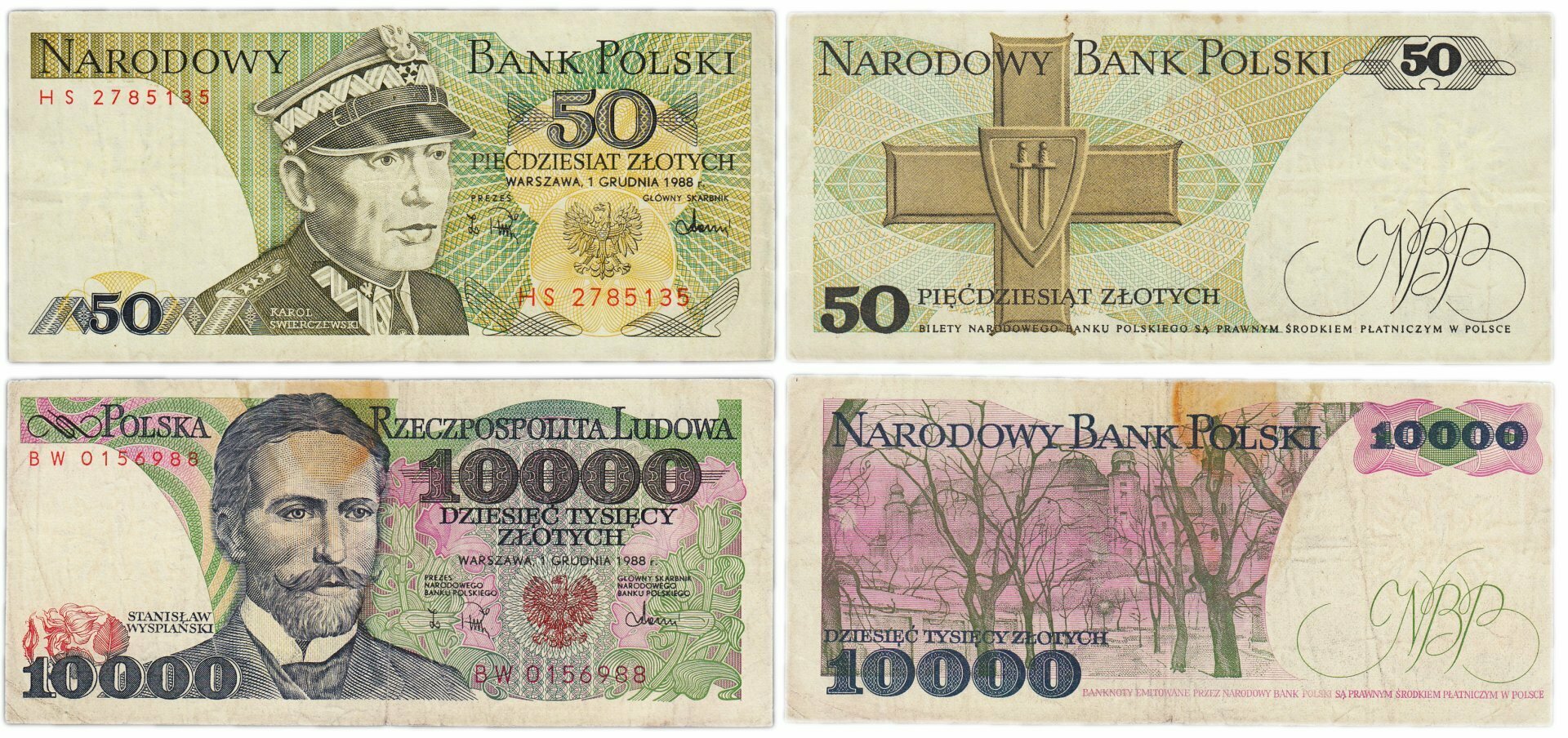 Польша набор из 4 банкнот 50, 10000 злотых 1988