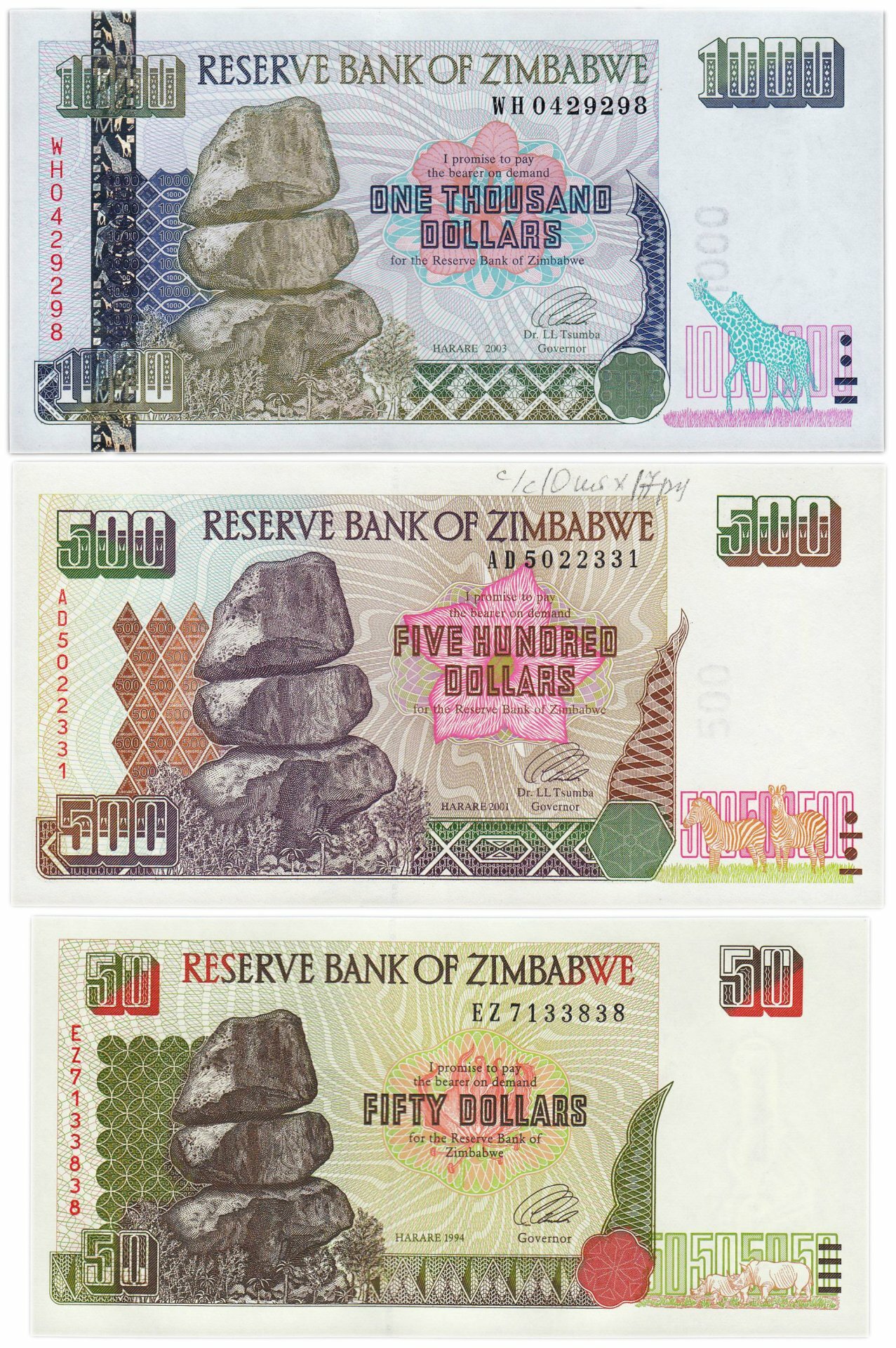 Зимбабве набор из 3 банкнот 50, 500, 1000 долларов 1994-2003