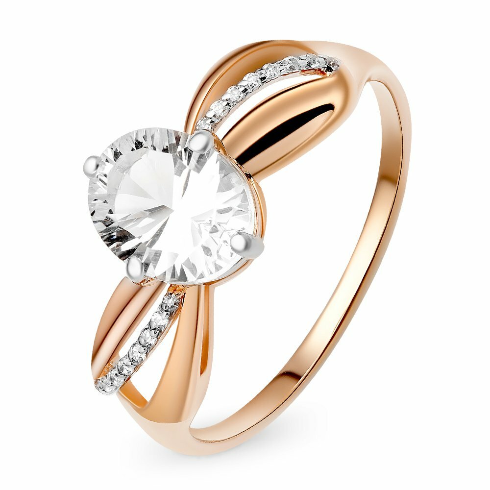 Кольцо, красное золото, 585 проба, родирование, горный хрусталь, фианит