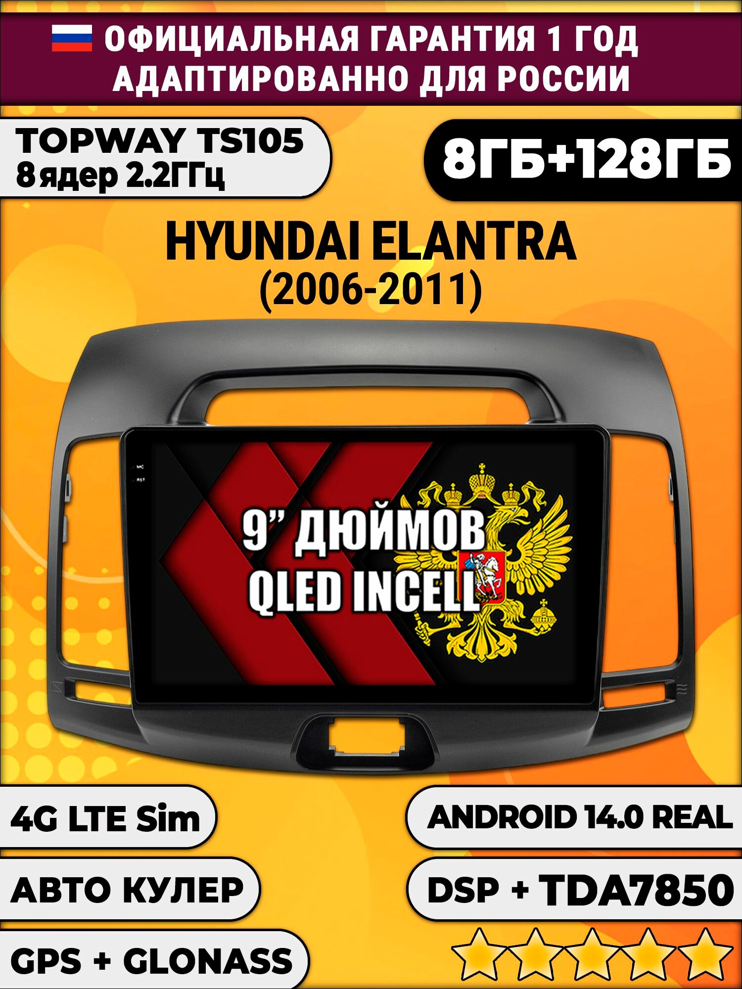 TS105, память 8/128гб для HYUNDAI ELANTRA (2006-2011), Android магнитола