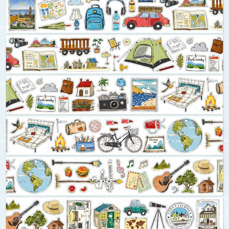 【Полный рулон】Волнообразные частицы, магазин, вырубная лента, конфеты, еда, путешествия, персонажи, соль, серия, легкие ретро-наклейки для дневника