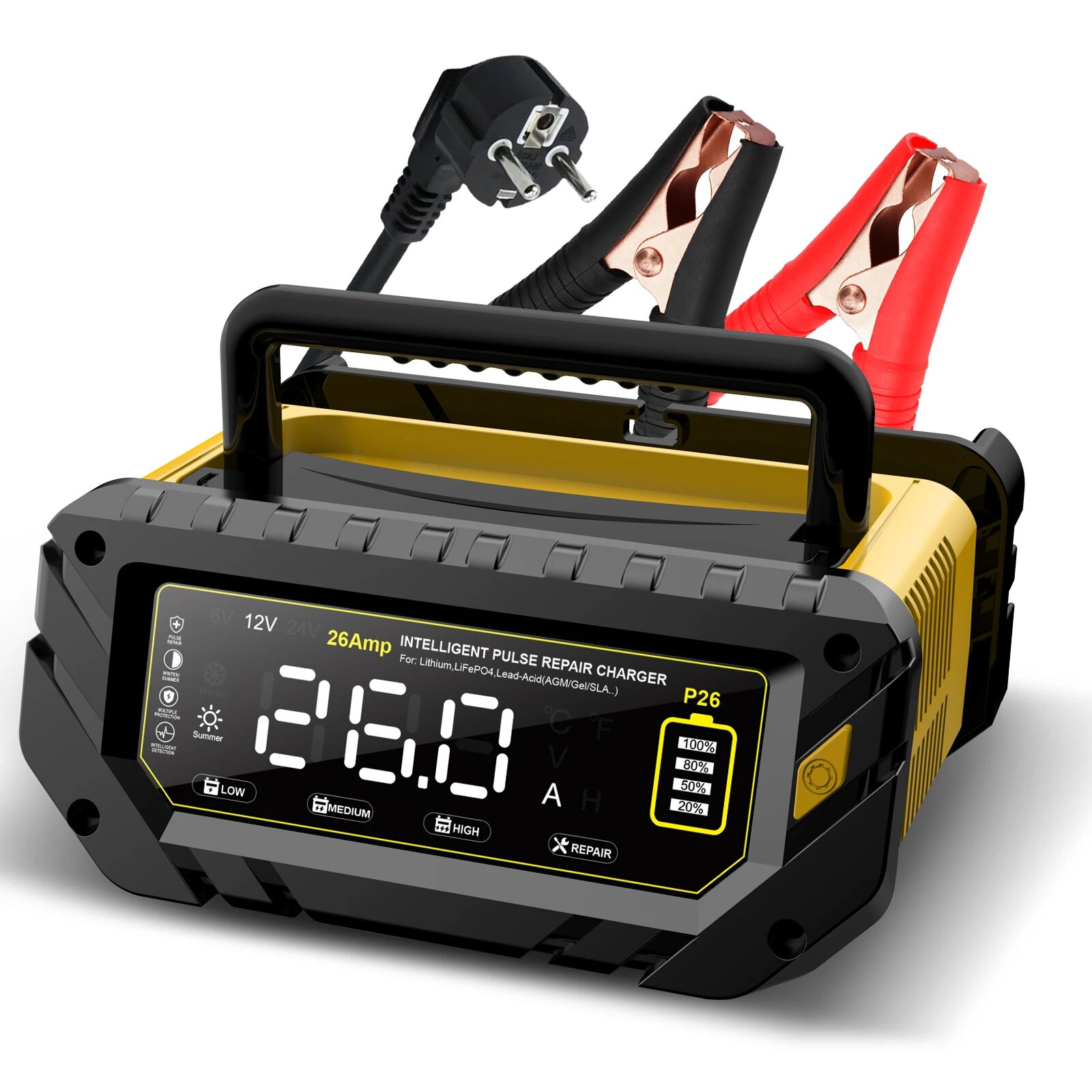 HTRC 6 В/12 В/24 В автомобильное зарядное устройство 26A для литиевого LiFePO4 AGM гелевого свинцово-кислотного аккумулятора мотоциклетное зарядное устройство автоматическая зарядка 26A EU PLUG