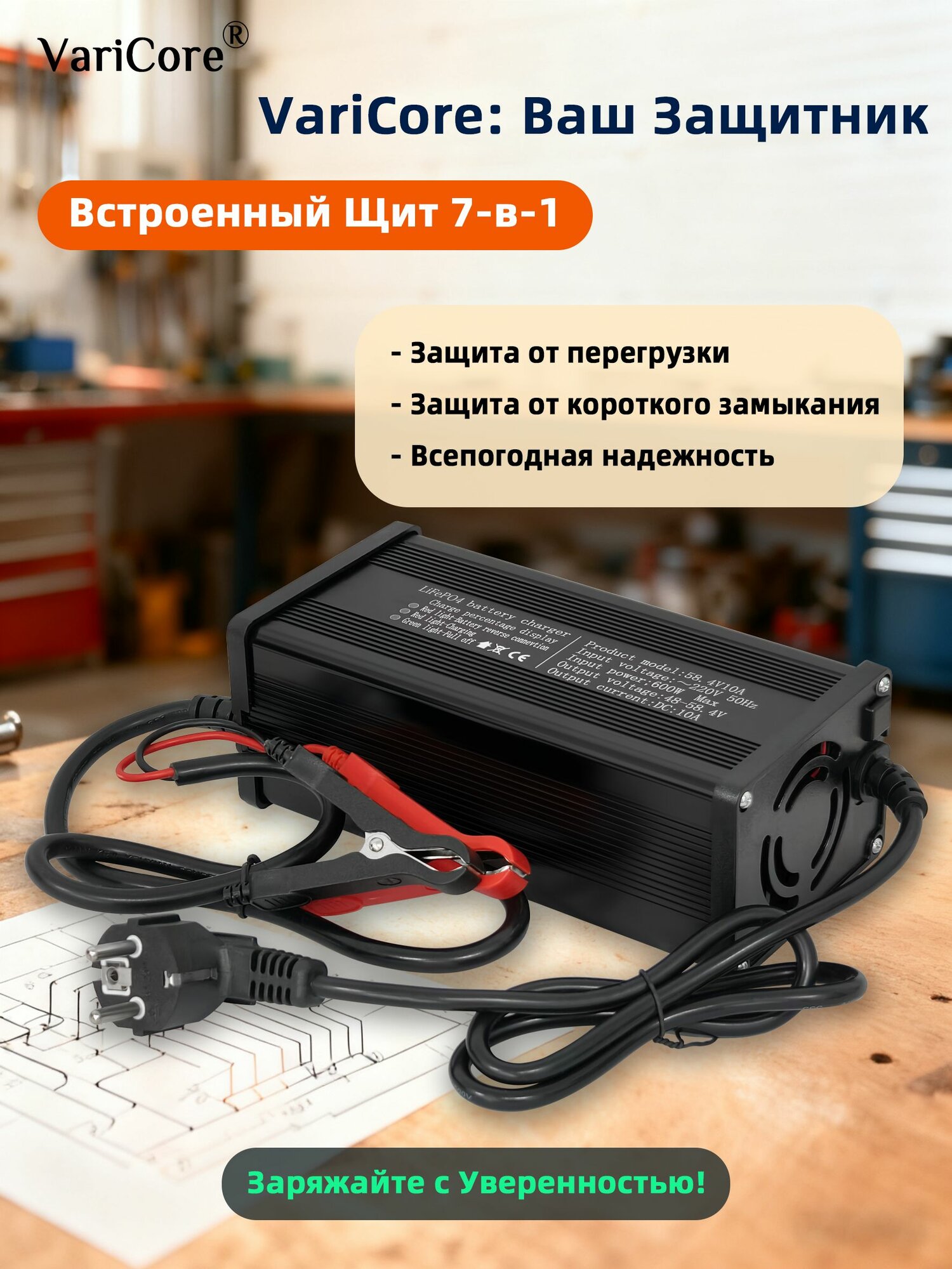 VariCore 58.4V 10A Зарядное устройство для LiFePO4 аккумуляторов 48V (для e-bike, скутера, лодки)