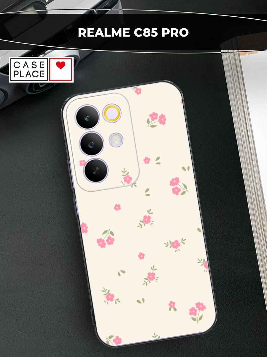 Чехол на Realme C85 Pro / Реалми C85 Про с принтом Розовые цветочки на бежевом