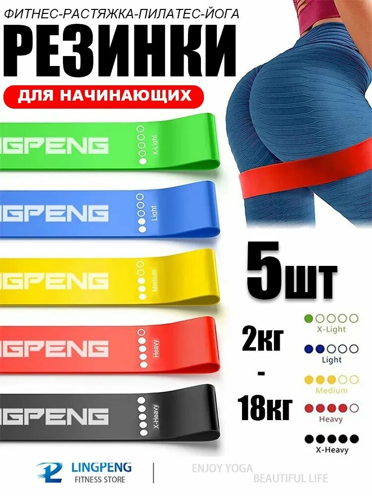 Резинка для фитнеса, набор 5 шт. Спортивный комплект эспандеров для спорта, пилатеса, йоги. Фитнес резинки разного цвета